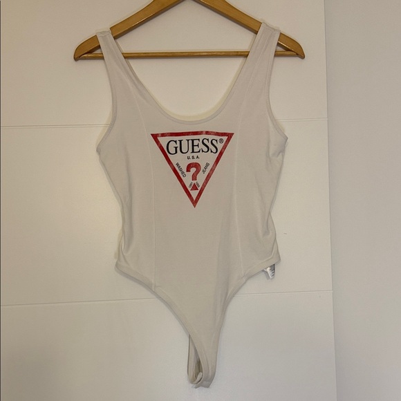 Guess | Tops | Guess Cream Bodysuit With Red Logo | Poshmark